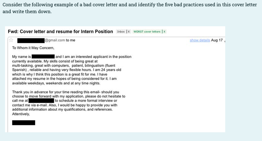 Consider the following example of a bad cover letter | Chegg.com