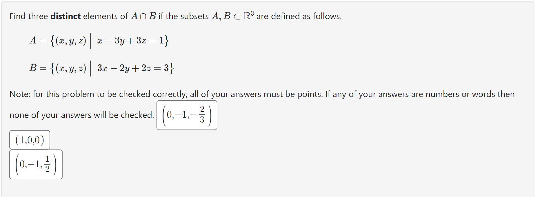 Solved Find three distinct elements of A∩B if the subsets | Chegg.com