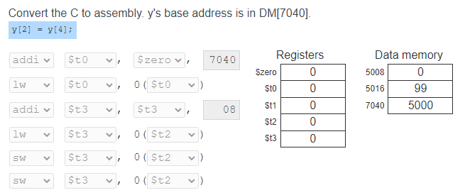 Solved Convert the C to assembly. y's base address is in | Chegg.com