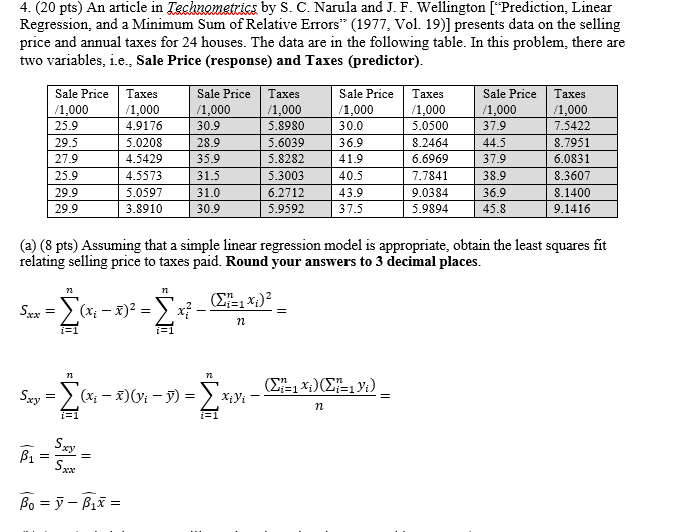 Solved (20 pts) An article in Technometrics by S. C. Narula | Chegg.com