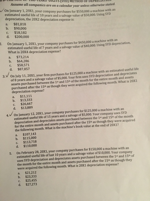 Solved ooERDIGTs (SYD) METHOD OF DEPRECIAO Assume all | Chegg.com