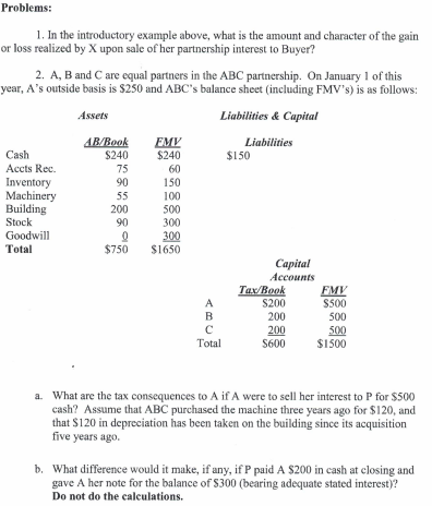 Sales of Partnership Interests Introductory Example: | Chegg.com