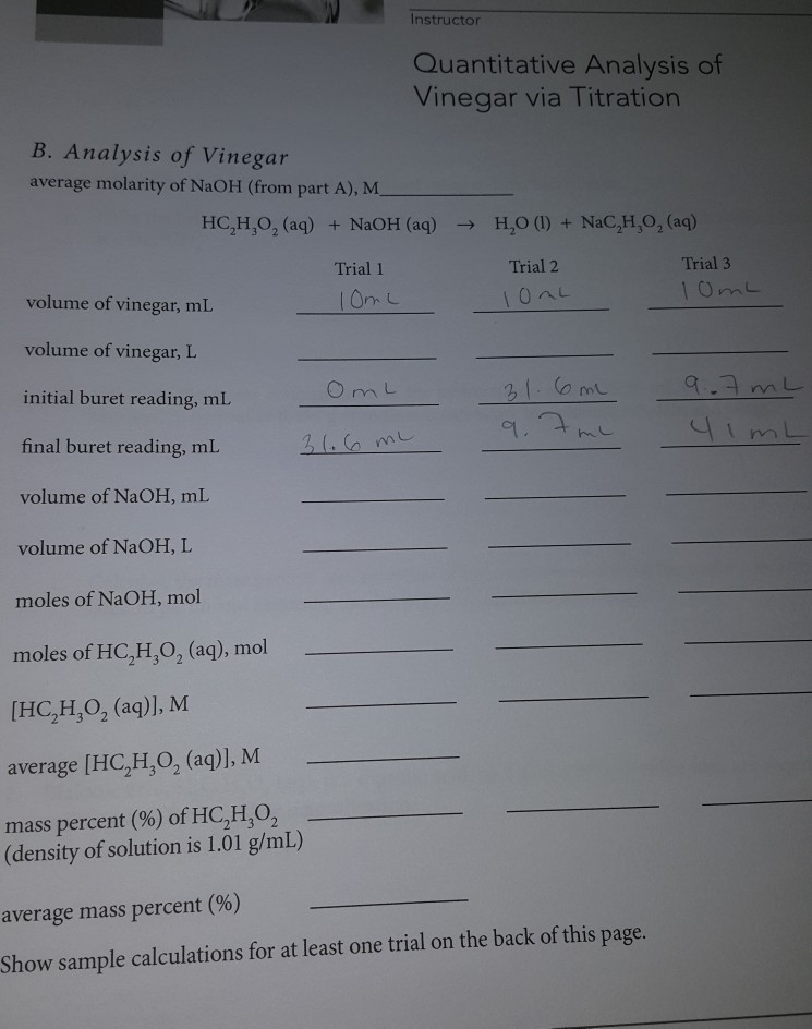 Solved Instructor Quantitative Analysis of Vinegar via | Chegg.com