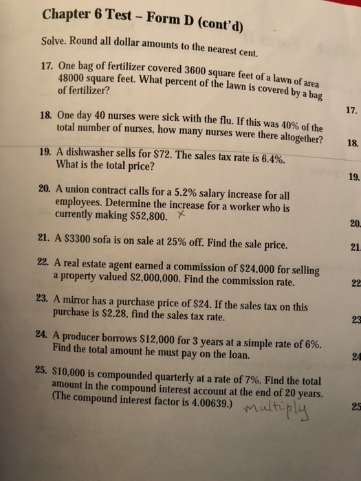 Solved Chapter 6 Test Form D (cont'd) Round all dollar | Chegg.com