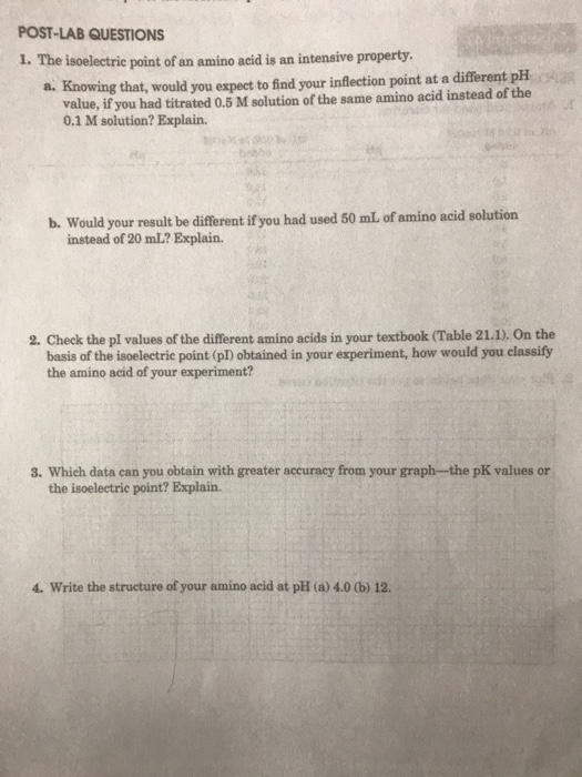 Solved POST-LAB QUESTIONS 1. The isoelectrie point of an | Chegg.com