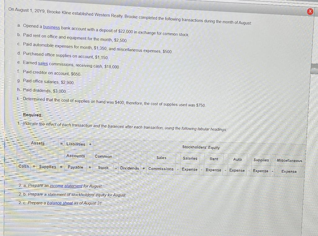 Solved On August 1, 20Y9, Brooke Kline established Western | Chegg.com