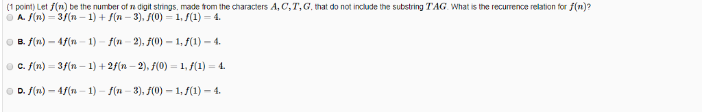 Solved (1 point) Let f(n) be the number of n digit strings, | Chegg.com