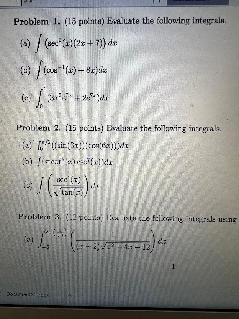 Solved Problem 1. (15 points) Evaluate the following | Chegg.com