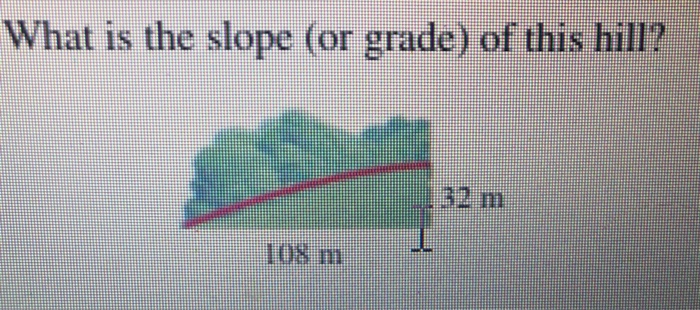 Solved What is the slope (or grade) of this hill? 32 m 108 m | Chegg.com