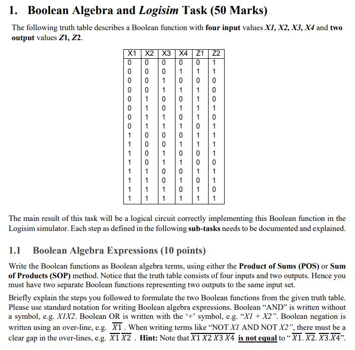 Solved 1 1. Boolean Algebra and Logisim Task (50 Marks) The | Chegg.com