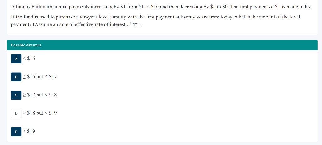 Solved A fund is built with annual payments increasing by $1 | Chegg.com