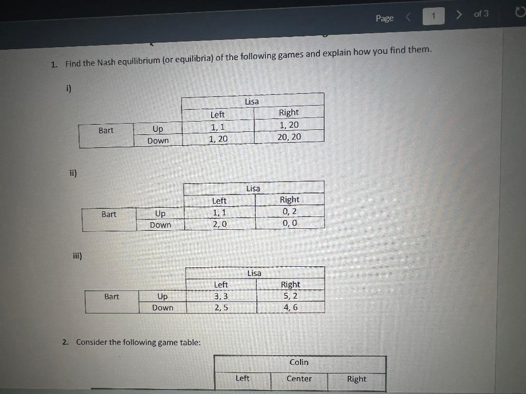 Solved 1. Find the Nash equilibrium (or equilibria) of the | Chegg.com
