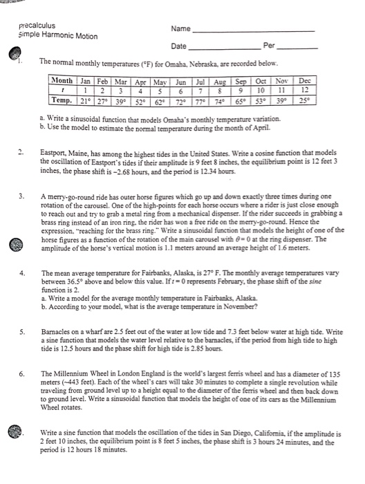 Solved precalculus simple Harmonic Motion Name Date Per 1 | Chegg.com