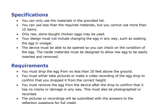 Solved Egg Drop Physics Lab Directions: Follow the procedure | Chegg.com