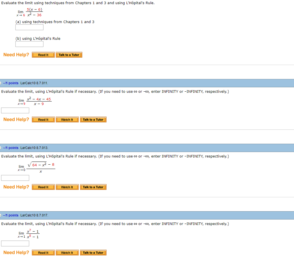 Solved Evaluate the limit using techniques from Chapters 1 | Chegg.com