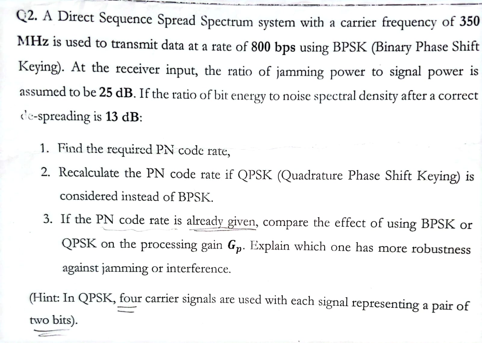 Solved Q2. ﻿A Direct Sequence Spread Spectrum system with a | Chegg.com