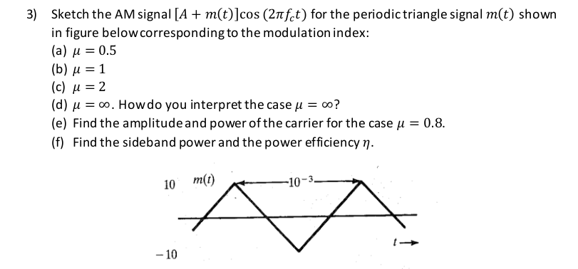 Solved 3) Sketch the AM signal [A+m(t)]cos(2πfct) for the | Chegg.com