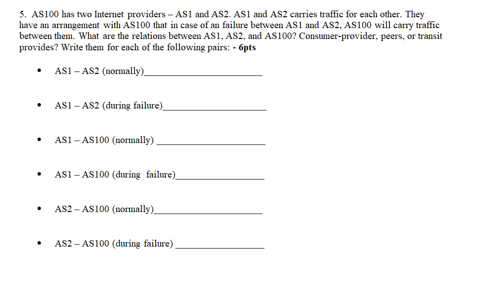 Solved 5. AS100 has two Internet providers - AS1 and AS2. | Chegg.com