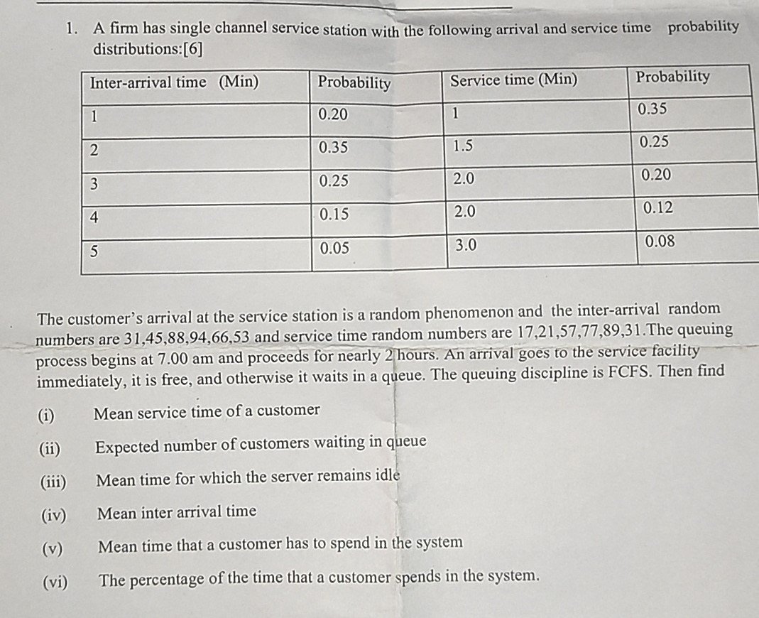 Solved 1. A firm has single channel service station with the | Chegg.com
