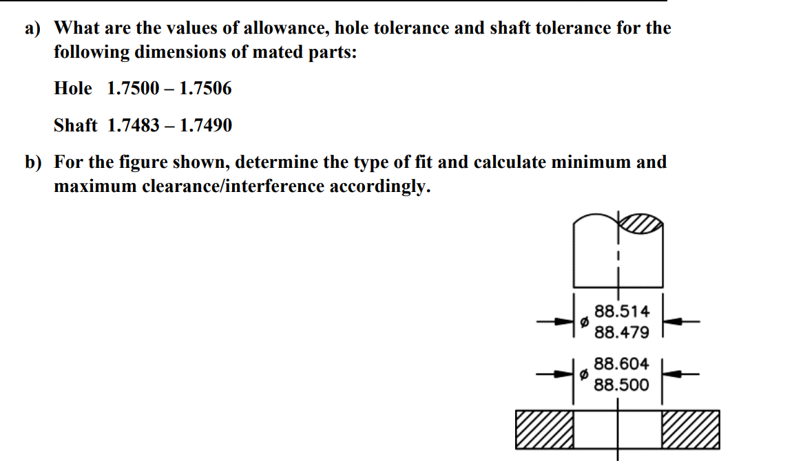 Solved a) What are the values of allowance, hole tolerance | Chegg.com