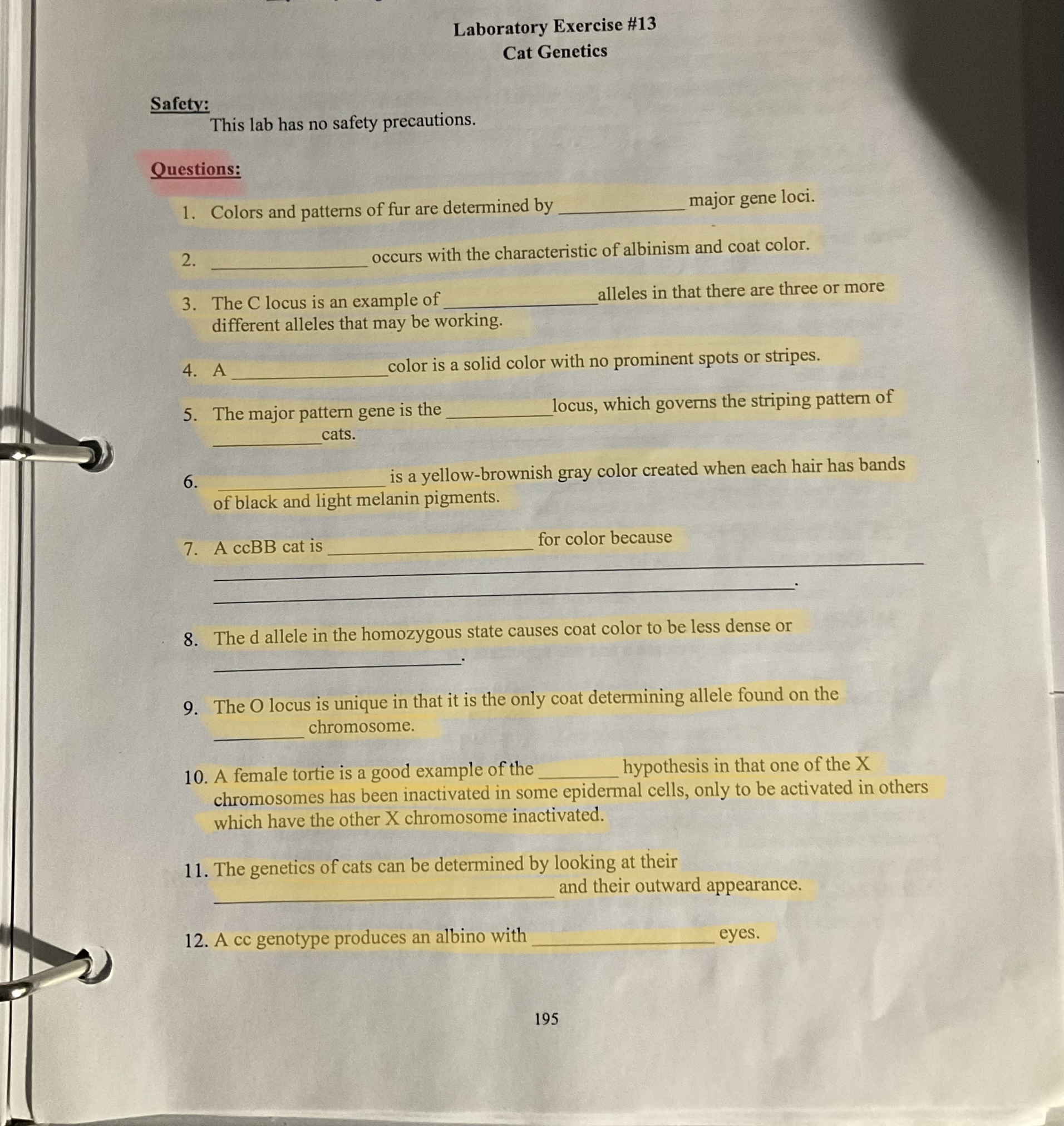Solved Laboratory Exercise \#13 Cat Genetics Objective: This | Chegg.com