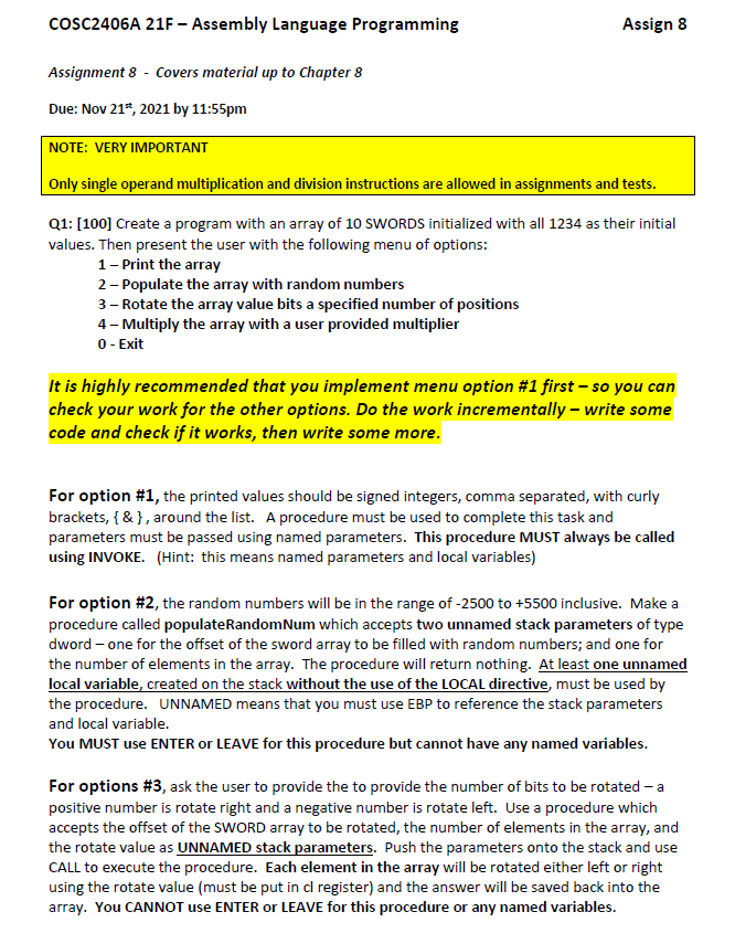Solved COSC2406A 21F - Assembly Language Programming Assign | Chegg.com