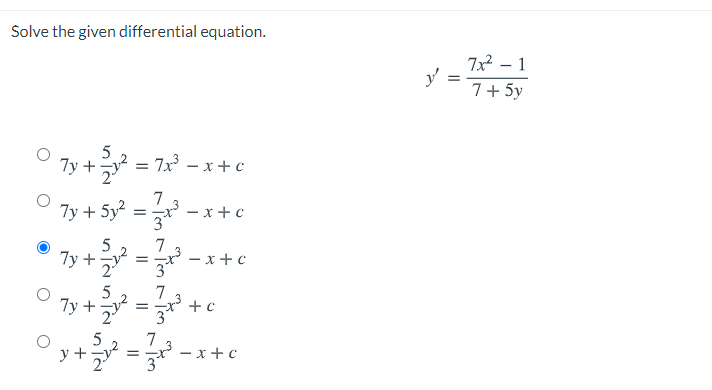 Solved Solve the given differential equation. y' = 7x2 - 1 7 | Chegg.com