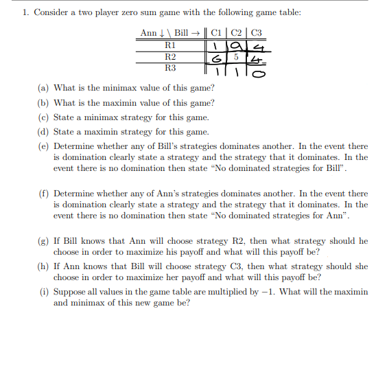 Solved 1. Consider a two player zero sum game with the | Chegg.com