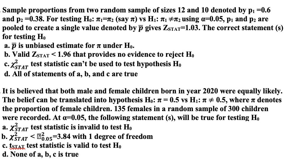 Solved Sample proportions from two random sample of sizes 12 | Chegg.com