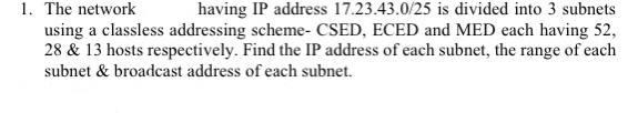 Solved 1. The network having IP address 17.23.43.0/25 is | Chegg.com