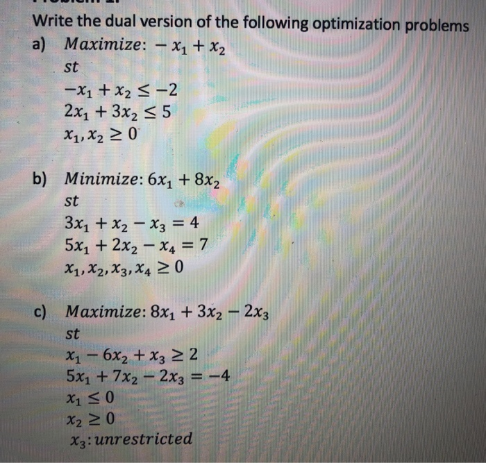 Solved Write the dual version of the following optimization | Chegg.com