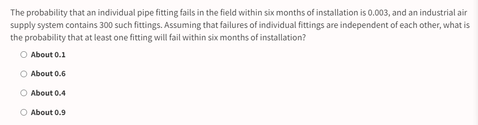 Solved The probability that an individual pipe fitting fails | Chegg.com