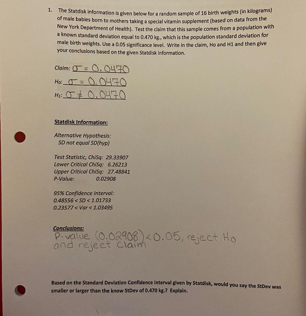 Solved 1. The Statdisk information is given below for a | Chegg.com