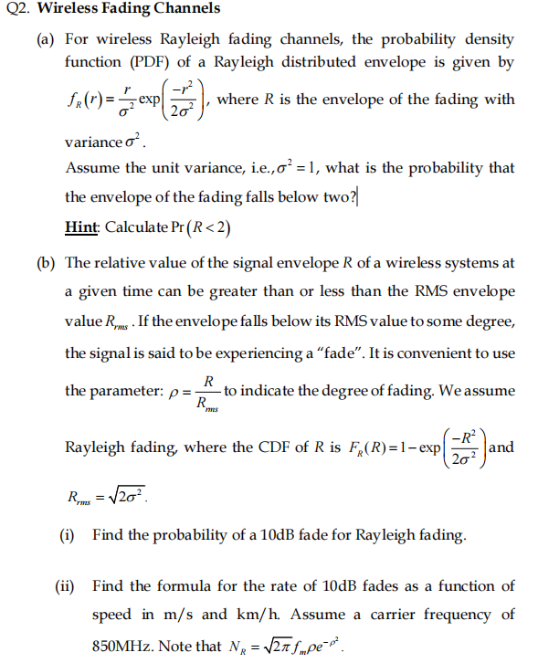 Solved Wireless Fading Channels (a) For wireless Rayleigh | Chegg.com