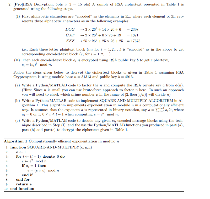 2. [Pro](RSA Decryption, 5pts x 3 = 15 pts) A sample | Chegg.com