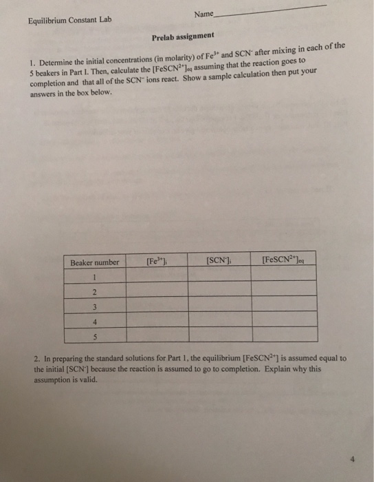 Solved Name Equilibrium Constant Lab Prelab assignment 1. | Chegg.com