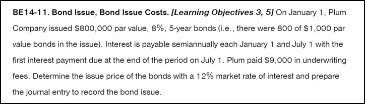 Solved BE14-11. Bond Issue, Bond Issue Costs. [Learning | Chegg.com