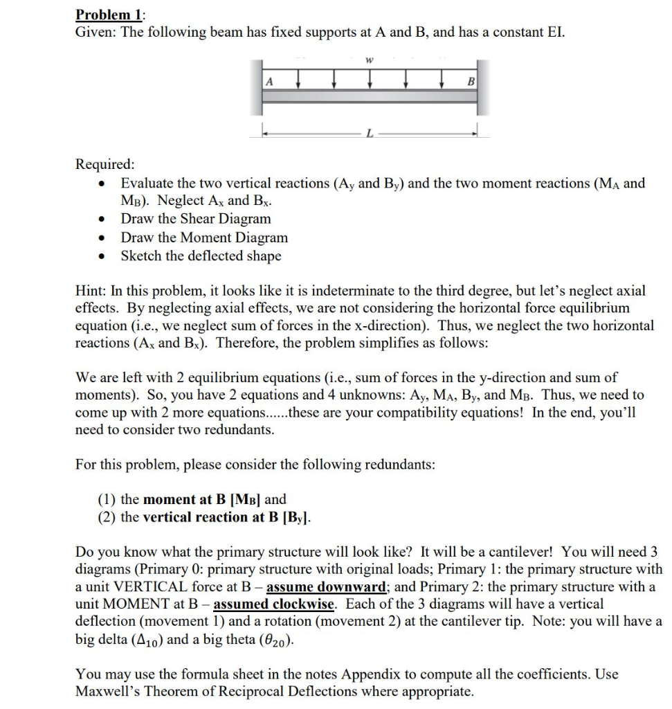 Solved Problem 1: Given: The following beam has fixed | Chegg.com