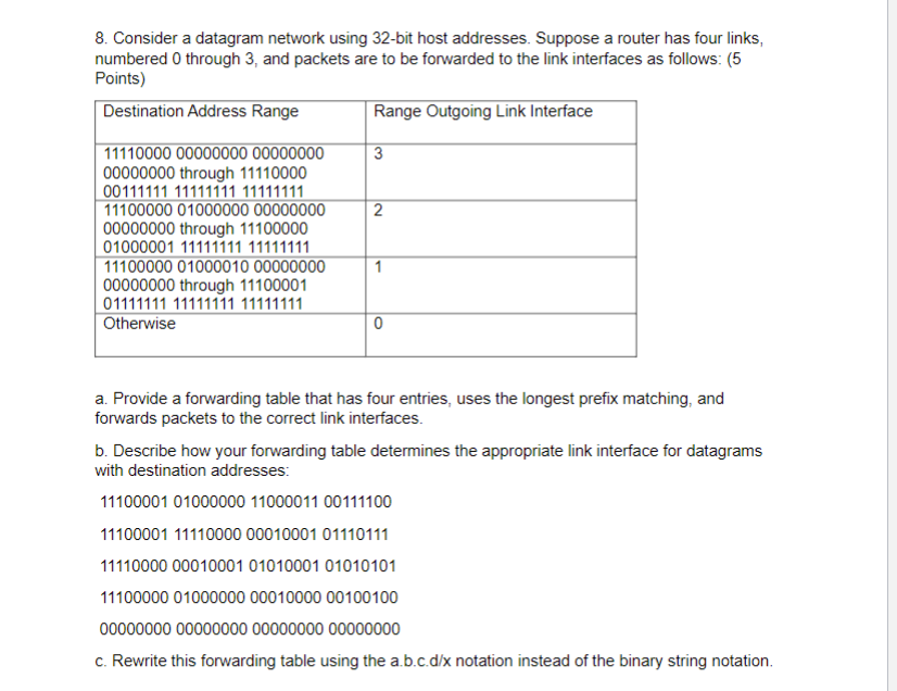 Solved 8. Consider a datagram network using 32-bit host | Chegg.com