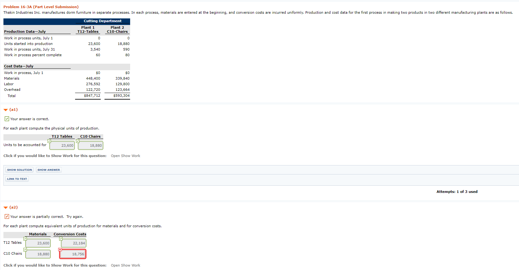Solved Problem 16-3A (Part Level Submission) Thakin | Chegg.com