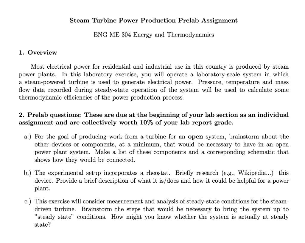 Steam Turbine Power Production Prelab Assignment ENG | Chegg.com