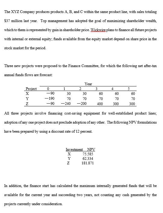 The XYZ Company produces products A,B, and C within | Chegg.com