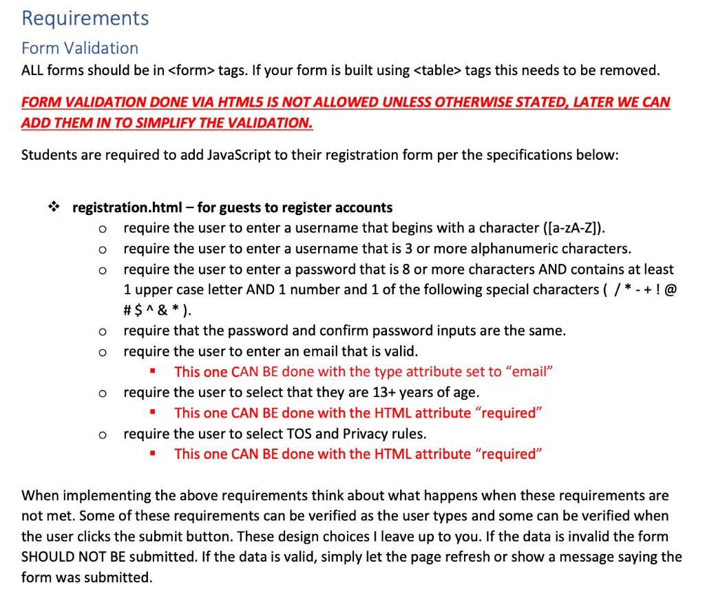 Solved Requirements Form Validation ALL forms should be in | Chegg.com