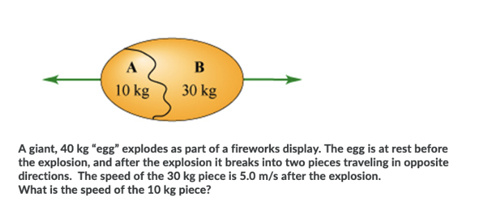 Solved 10 kg 30 kg A giant, 40 kg "egg" explodes as part of | Chegg.com