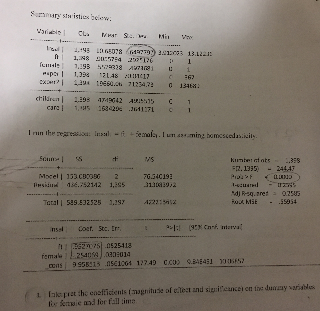 Solved Summary statistics below: Variable | Obs Mean Std. | Chegg.com