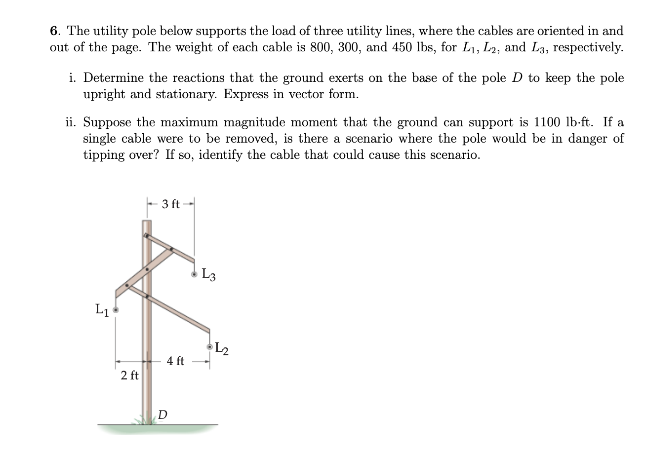 Solved 6. The utility pole below supports the load of three | Chegg.com