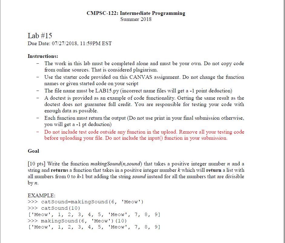 Solved CMPSC-122: Intermediate Programming Summer 2018 Lab | Chegg.com