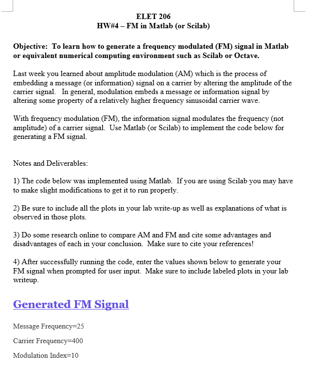 Solved ELET 206 HW\#4-FM in Matlab (or Scilab) Objective: To | Chegg.com