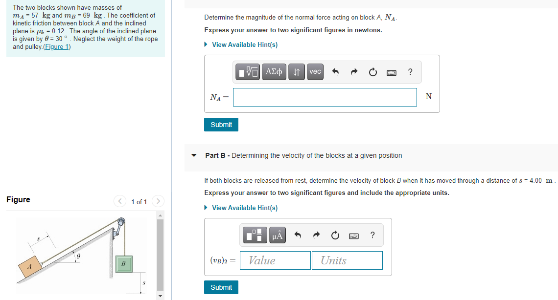 Solved The two blocks shown have masses of ma = 57 kg and mp | Chegg.com