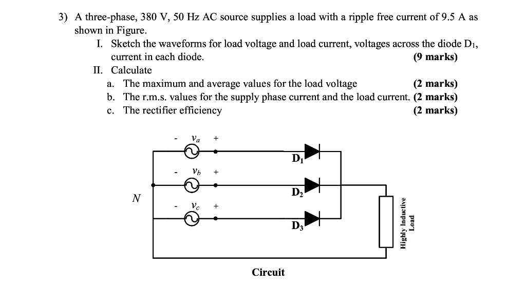 Solved 3) A three-phase, 380 V, 50 Hz AC source supplies a | Chegg.com
